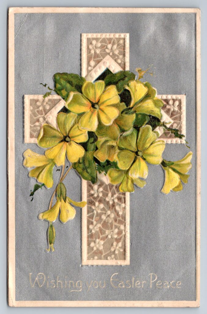 Embossed Easter Postcard with Cross and Yellow Flowers - Postcard Attic